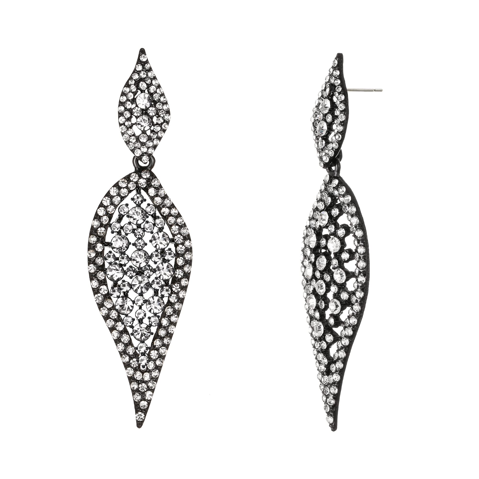 EVER FAITH Chandelier Earrings Round Rhinestone Hollow-out Leaf Drop Pierced dangle Earrings for Costume Jewelry Clear Black-Tone