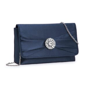 charming tailor evening bag for women pleated flap satin formal purse diamantes brooch embellished clutch (navy)