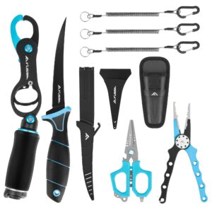 flissa 4pc fishing tool kit, fish lip gripper with scale, muti-function fishing pliers, braided line scissors, 6'' fish fillet knife, saltwater resistant fishing gear with 3pcs safety coiled lanyard