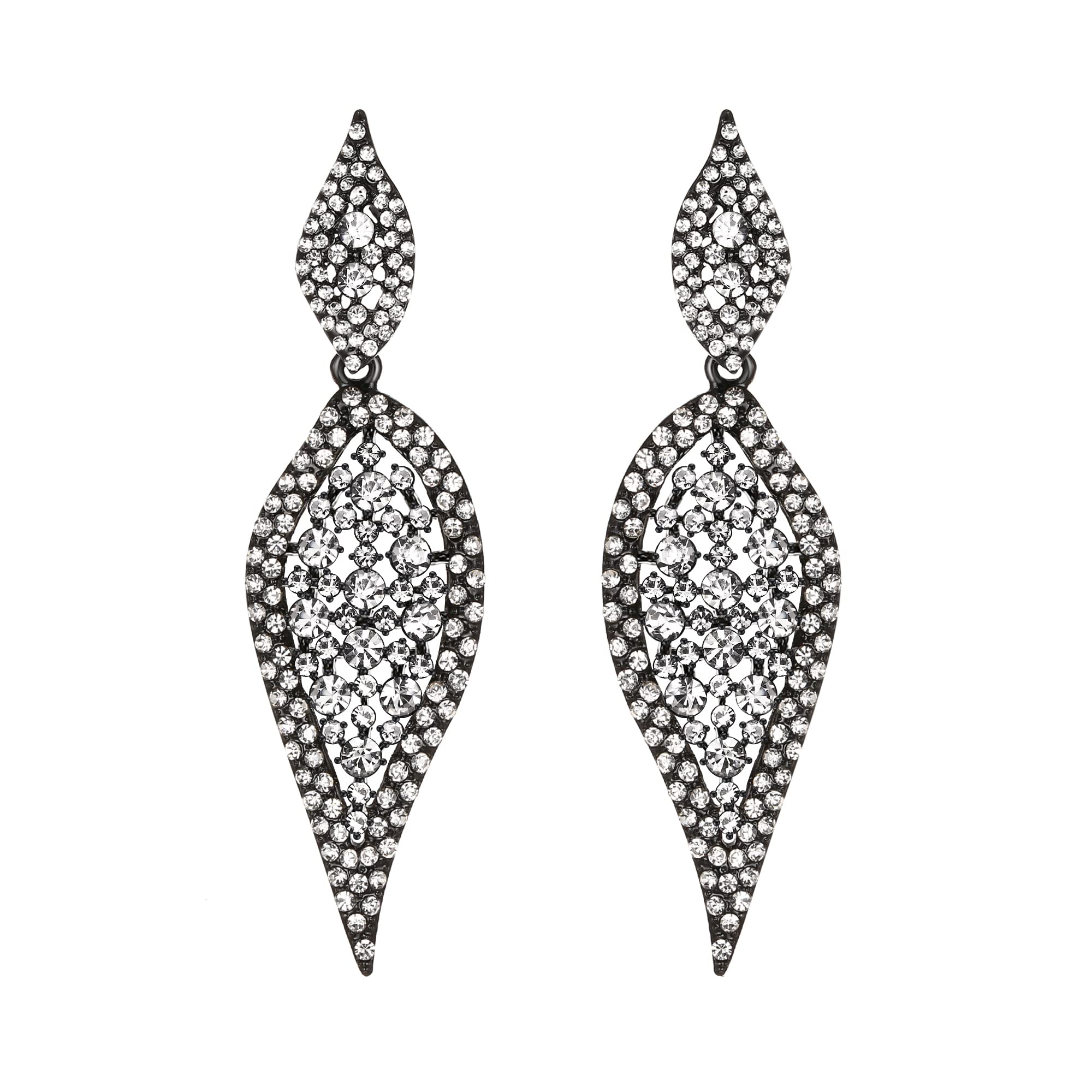 EVER FAITH Chandelier Earrings Round Rhinestone Hollow-out Leaf Drop Pierced dangle Earrings for Costume Jewelry Clear Black-Tone