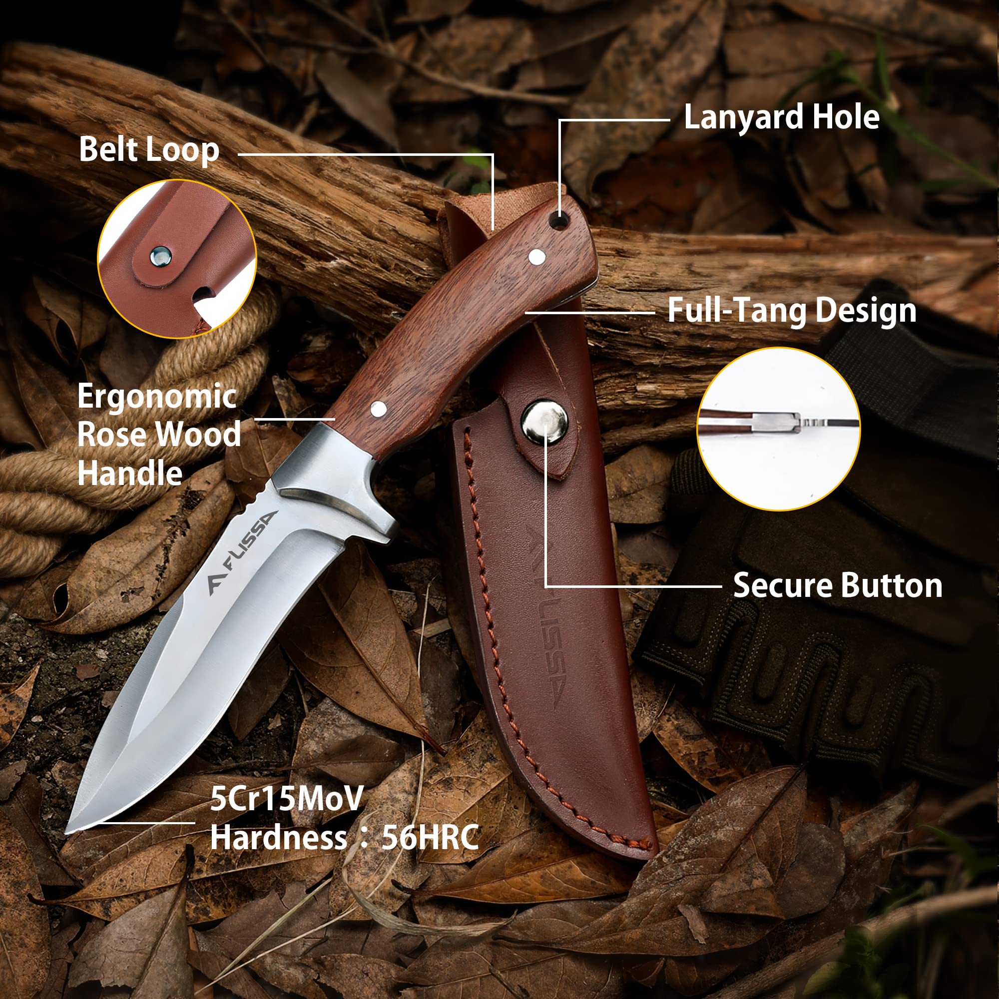 Flissa Fixed Blade Knife with Sheath, 9.8'' Full Tang Hunting Knife with High Carbon Steel Blade, Non-Slip Rose Wooden Handle, Lanyard Hole, Camping Knife for Hiking, Outdoor, Hunting, Survival, Camping