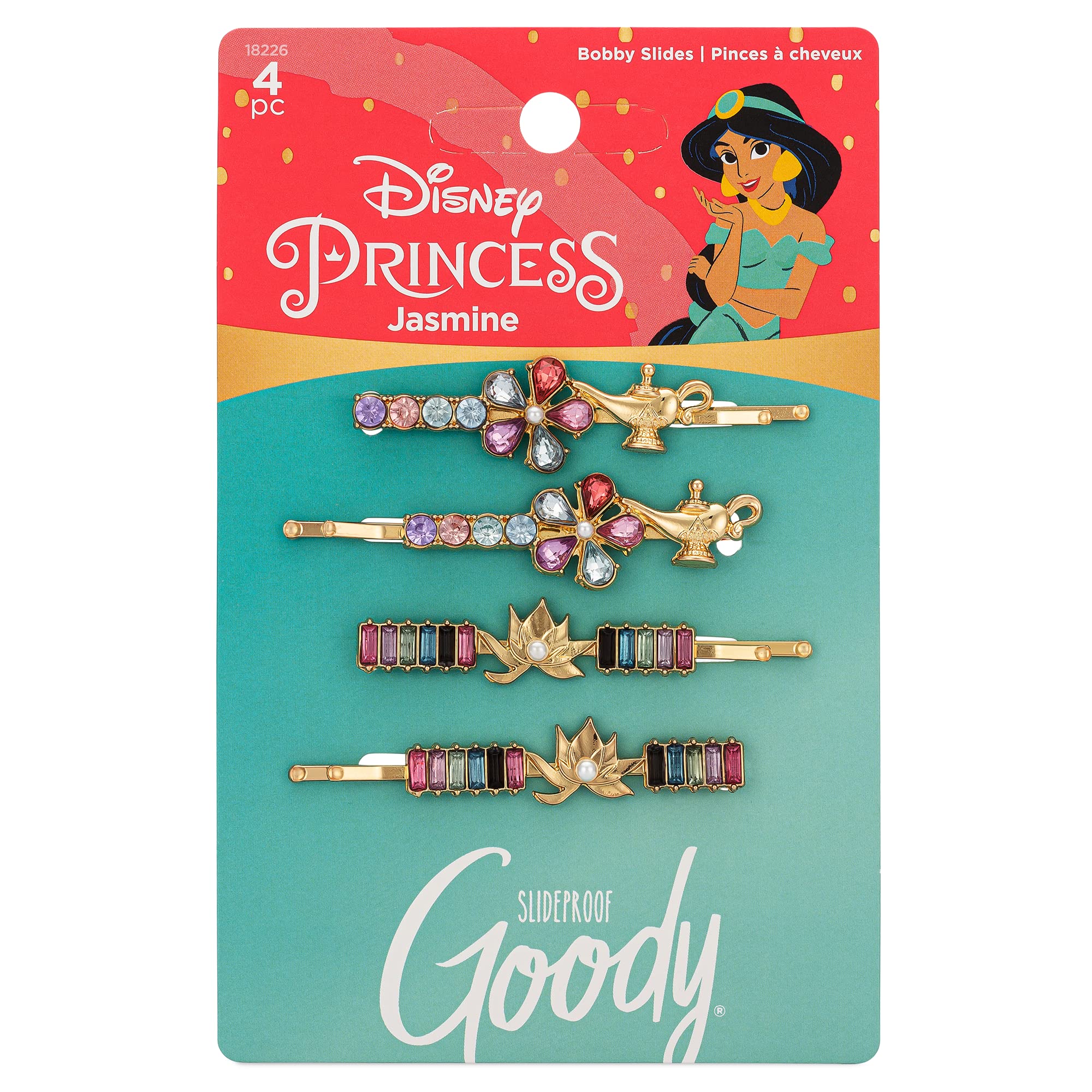 GOODY Bobby Pins - 4 Count, Disney Princess, Jasmine - Slideproof Rhinestone Bobbies - Hair Accessories for Men, Women, Boys & Girls - Style With Ease & Keep Your Hair Secured - For All Hair Types