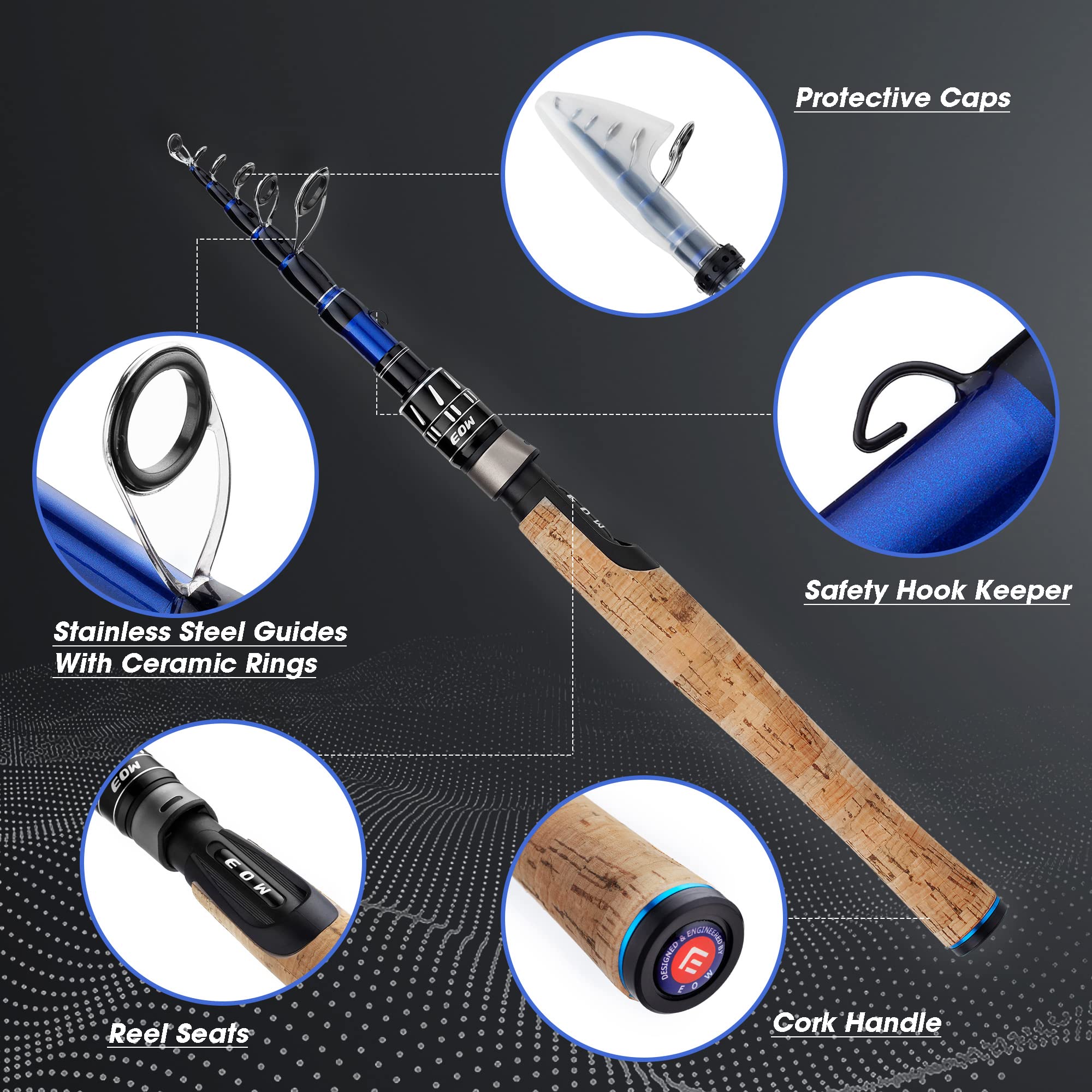 EOW XPEDITE PRO Portable Telescopic Casting and Spinning Fishing Rods, 24T Carbon Blanks & Solid Carbon Tip, Cork Handle, Travel Rod, Short Collapsible Rods