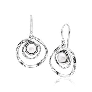 925 sterling silver dangle drop earrings free form with a fresh water pearl, antique finish, hypoallergenic, nickel and lead-free, french wire earring back, made in israel