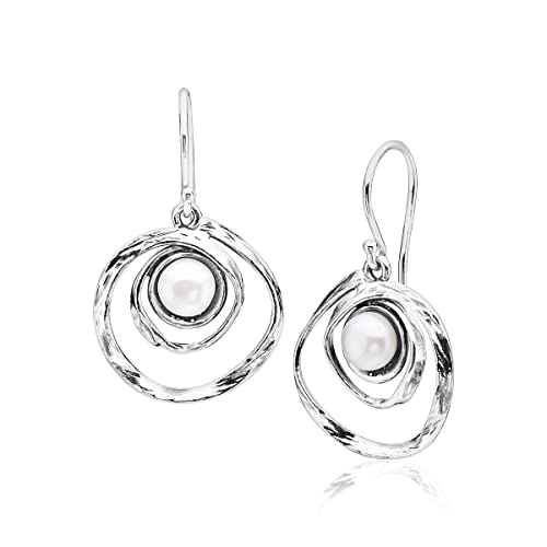 925 Sterling Silver Dangle Drop Earrings Free Form With A Fresh Water Pearl, Antique finish, Hypoallergenic, Nickel and Lead-free, French Wire Earring Back, Made In Israel