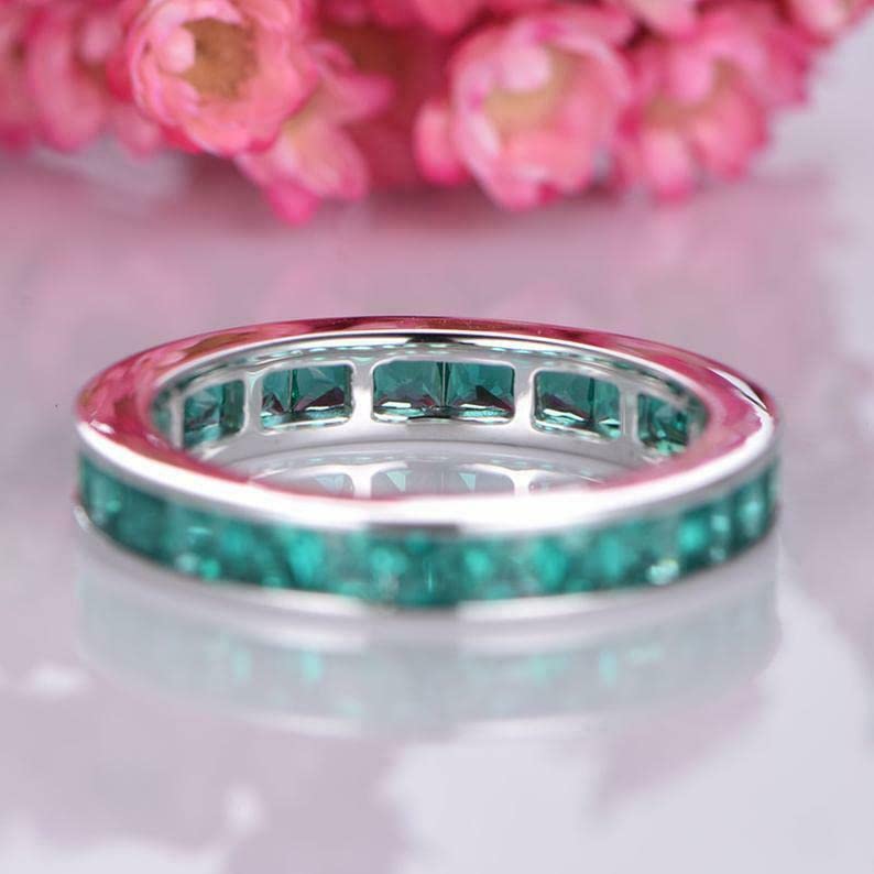 BeBold 2ct Princess Cut Created Green Emerald Channel Set Full Eternity Band White Gold Plated