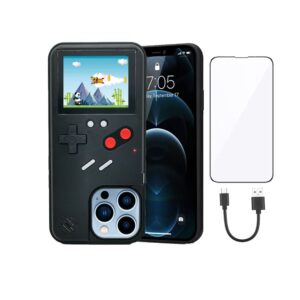 kjarrow handheld game console case for iphone 12, retro gameboy case for iphone 12, video gaming case with color display and 36 small games, playable game case for iphone 12 black