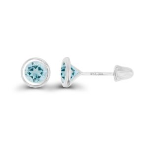 solid 14k white gold 4mm round natural aquamarine march birthstone bezel screw back stud earrings