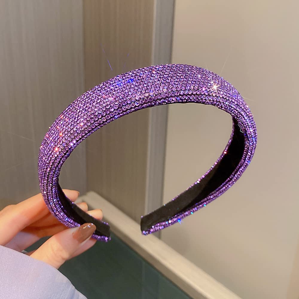 Jumwrit Rhinestone Headband Glitter Non-Slip Wide Headband Solid Hair Band Purple Cute Hair Hoop Wave Shape Headband Fashion Hair Accessories for Women Girls(Style 2)