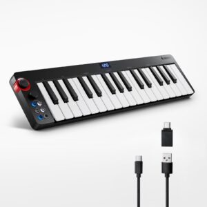 usb midi keyboard controller mini 32-key, donner n-32 with screen, sequencer, chord, bend sound effects by light-up joystick for mac/pc, music production software, 40 teaching courses