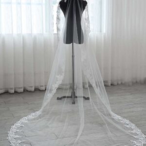 Unsutuo Cathedral Wedding Veil 1 Tier Lace Applique Bridal Veil Long Tulle Veil with Comb for Women and Bride (Ivory)