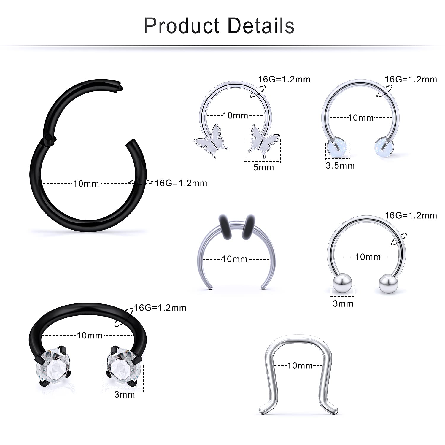 Cisyozi 16G Septum Rings Piercing Jewelry Stainless Surgical Steel Horseshoe Dragon Claw Butterfly Moon Septum Nose Nostril Eyebrow Smiley Lip Ring Hoop Piercings Jewelry Women Men Silver Black 10mm