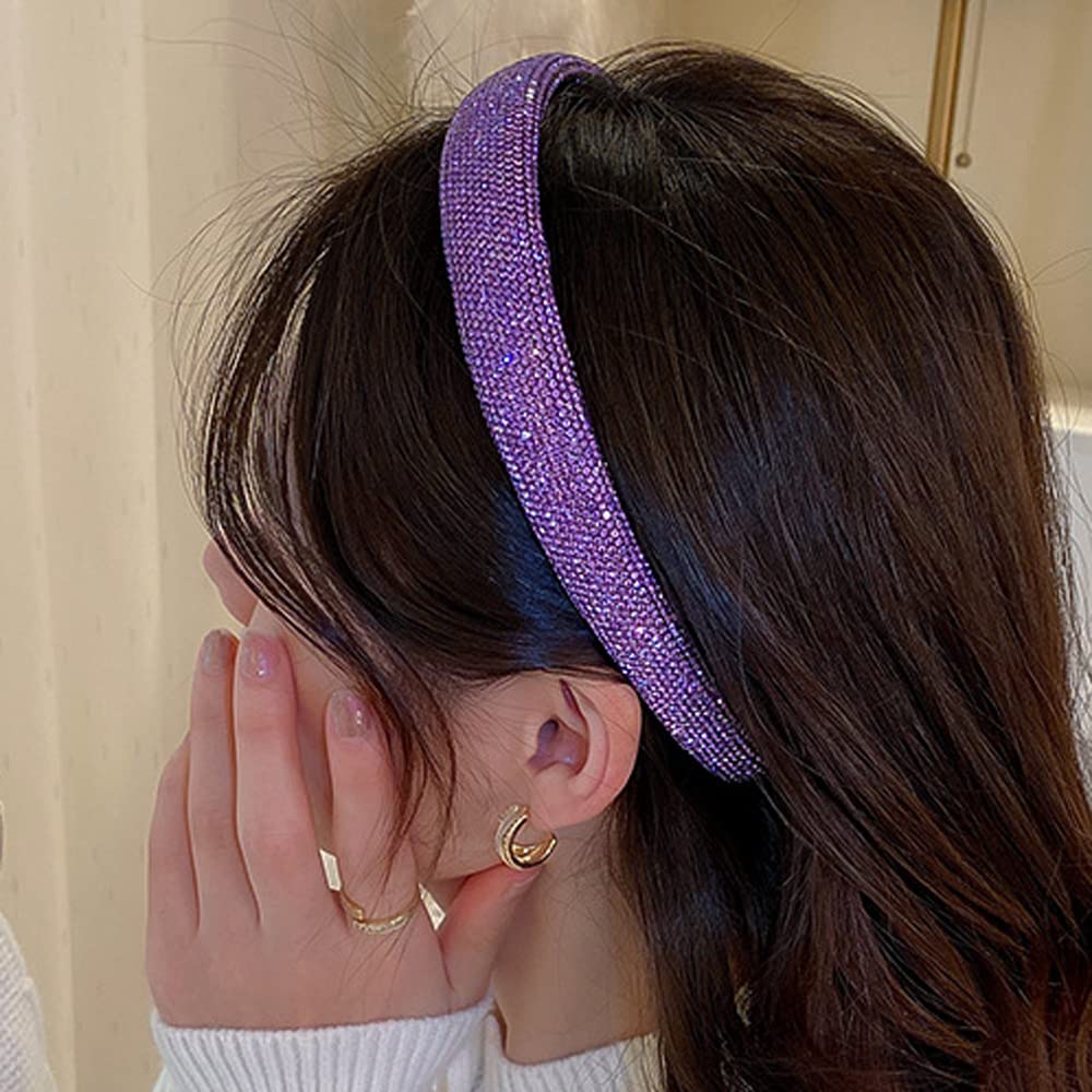 Jumwrit Rhinestone Headband Glitter Non-Slip Wide Headband Solid Hair Band Purple Cute Hair Hoop Wave Shape Headband Fashion Hair Accessories for Women Girls(Style 2)