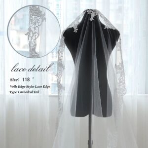 Unsutuo Cathedral Wedding Veil 1 Tier Lace Applique Bridal Veil Long Tulle Veil with Comb for Women and Bride (Ivory)