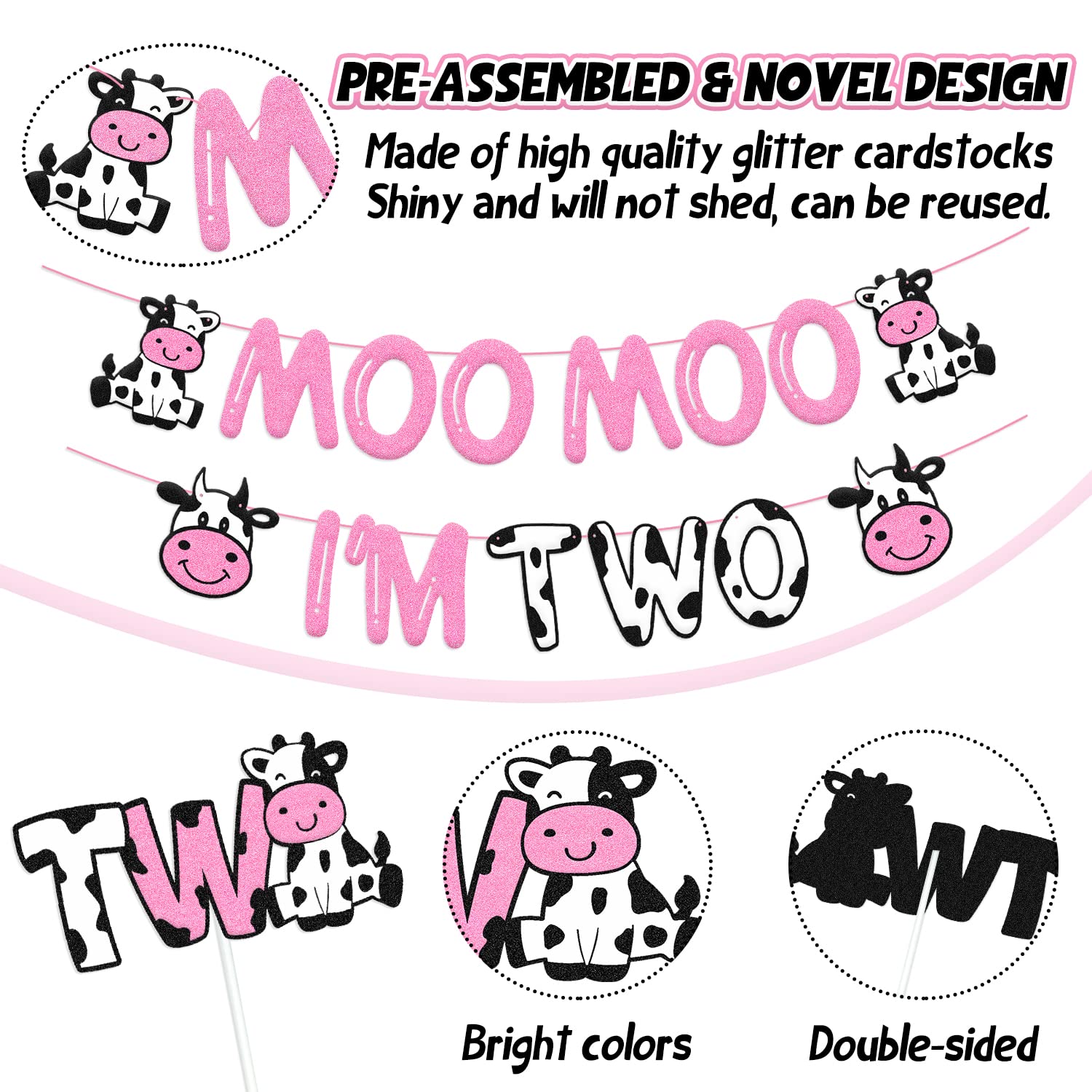 140 PCS Moo Moo Im Two Birthday Decorations Cow 2nd Birthday Banner Cow Two Cake Topper Balloon Sticker for Two Years Old Girl Boy Holy Cow Theme Party Supplies Glitter Pink Decoration