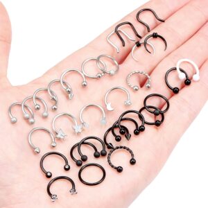 Cisyozi 16G Septum Rings Piercing Jewelry Stainless Surgical Steel Horseshoe Dragon Claw Butterfly Moon Septum Nose Nostril Eyebrow Smiley Lip Ring Hoop Piercings Jewelry Women Men Silver Black 10mm