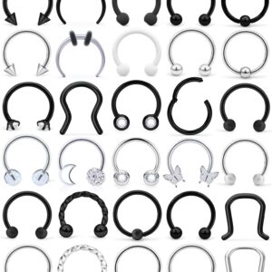 Cisyozi 16G Septum Rings Piercing Jewelry Stainless Surgical Steel Horseshoe Dragon Claw Butterfly Moon Septum Nose Nostril Eyebrow Smiley Lip Ring Hoop Piercings Jewelry Women Men Silver Black 10mm