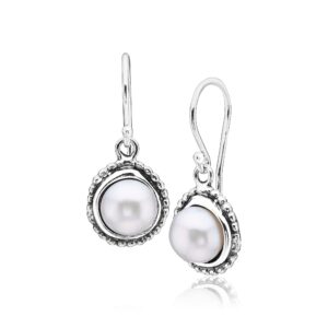 925 sterling silver dangle drop earrings w/freshwater pearl nested in beaded bezel antique finish, stylish, hypoallergenic, nickel & lead-free, june birthstone, french wire back, made in israel