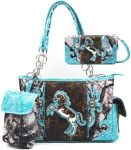 cowgirl trendy camouflage western style tote studded handbag concealed carry purse country women shoulder bag wallet set (#2 turquoise set)