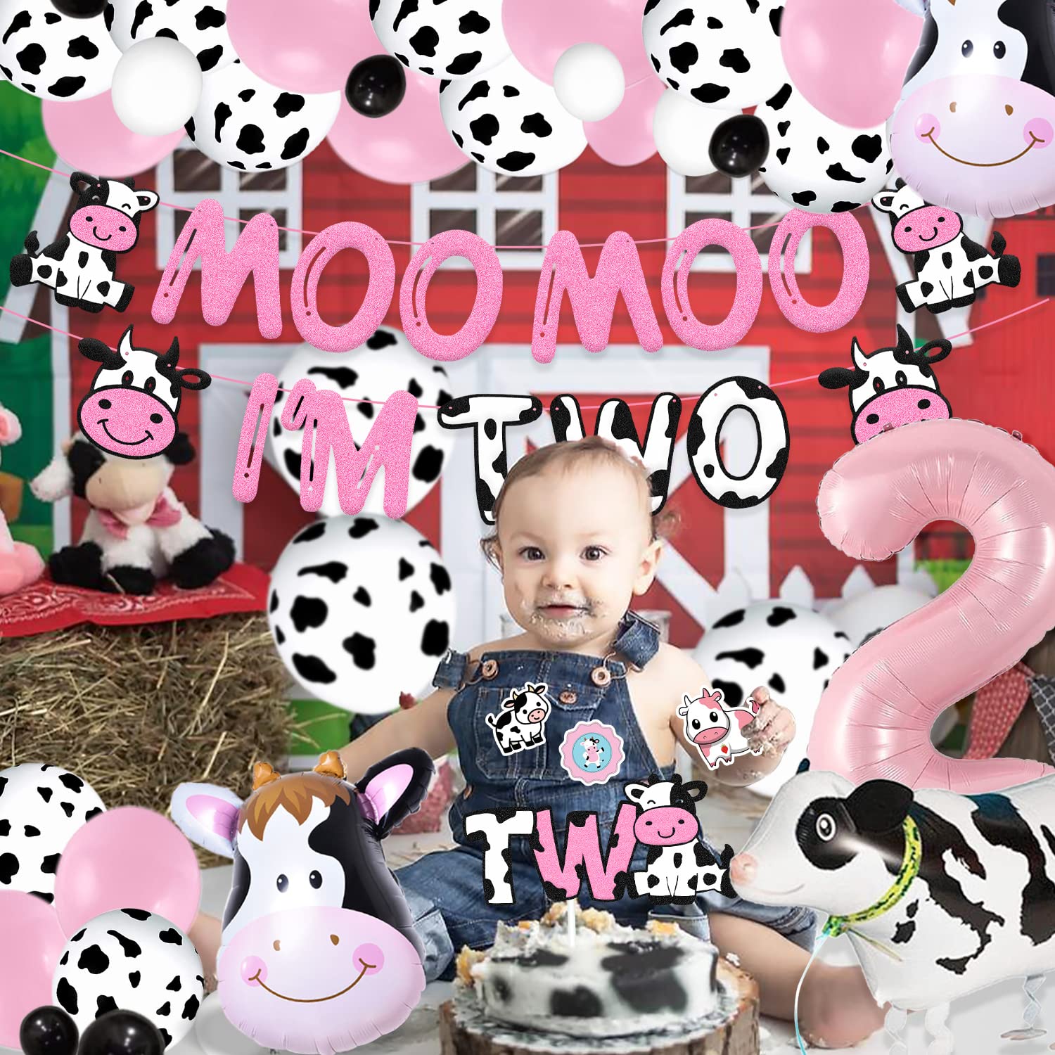 140 PCS Moo Moo Im Two Birthday Decorations Cow 2nd Birthday Banner Cow Two Cake Topper Balloon Sticker for Two Years Old Girl Boy Holy Cow Theme Party Supplies Glitter Pink Decoration