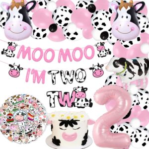 140 pcs moo moo im two birthday decorations cow 2nd birthday banner cow two cake topper balloon sticker for two years old girl boy holy cow theme party supplies glitter pink decoration