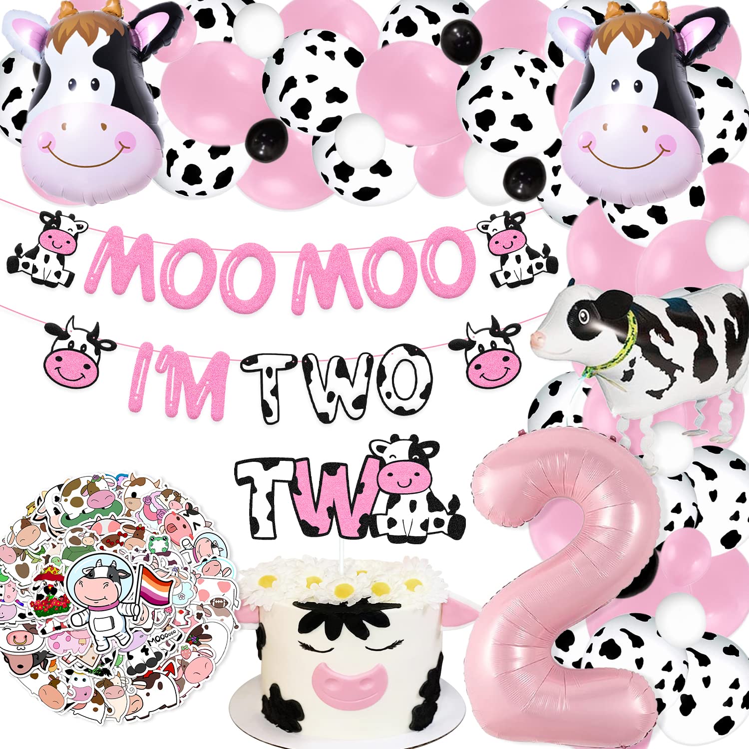 140 PCS Moo Moo Im Two Birthday Decorations Cow 2nd Birthday Banner Cow Two Cake Topper Balloon Sticker for Two Years Old Girl Boy Holy Cow Theme Party Supplies Glitter Pink Decoration