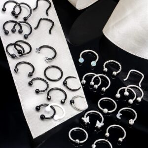 Cisyozi 16G Septum Rings Piercing Jewelry Stainless Surgical Steel Horseshoe Dragon Claw Butterfly Moon Septum Nose Nostril Eyebrow Smiley Lip Ring Hoop Piercings Jewelry Women Men Silver Black 10mm