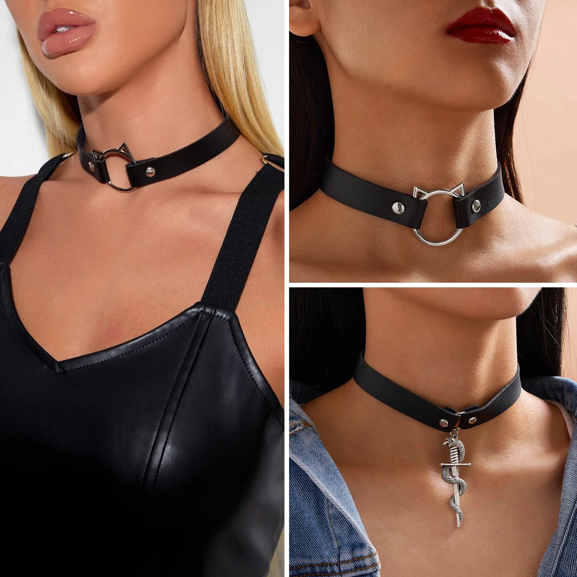 HAIAISO 6-9Pcs Leather Choker Black Punk Goth Choker Necklace Love Heart Spiked Choker Adjustable Pu Choker Collar for Women