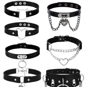 HAIAISO 6-9Pcs Leather Choker Black Punk Goth Choker Necklace Love Heart Spiked Choker Adjustable Pu Choker Collar for Women