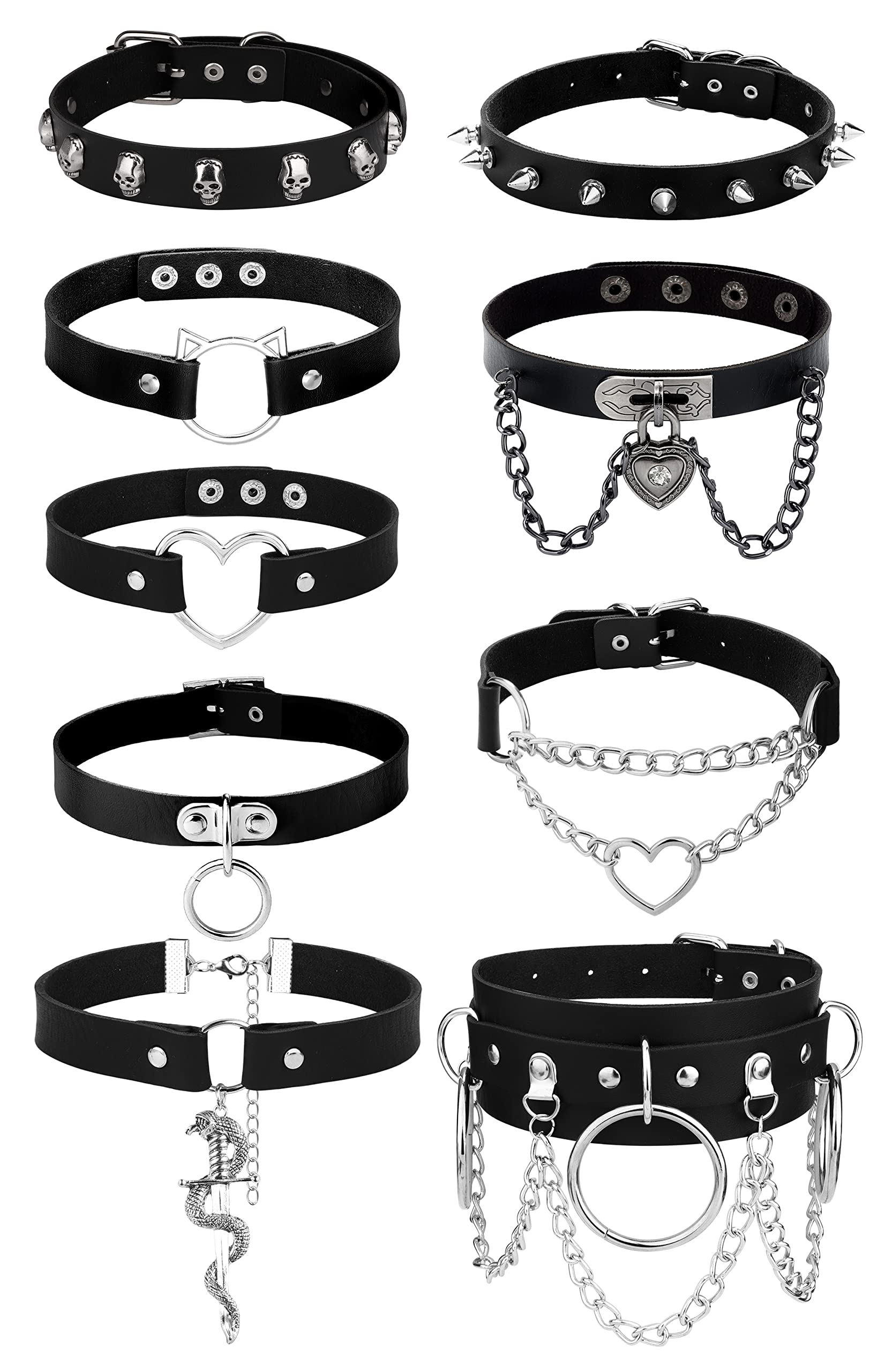 HAIAISO 6-9Pcs Leather Choker Black Punk Goth Choker Necklace Love Heart Spiked Choker Adjustable Pu Choker Collar for Women