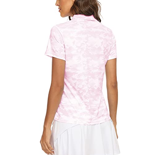 MoFiz Women Short Sleeve Golf Tops Button Down Sports Polo Shirts Lightweight Activewear Camo-Pink XL