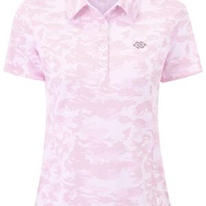 MoFiz Women Short Sleeve Golf Tops Button Down Sports Polo Shirts Lightweight Activewear Camo-Pink XL