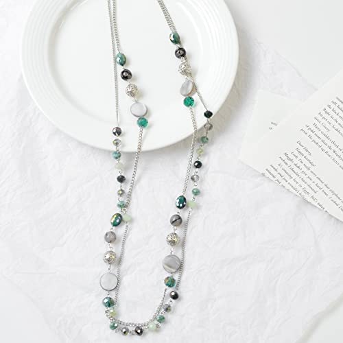 Noessla Layered Long Necklaces for Women Crystal Beaded Statement Necklace Sweater Silver Chain with Gifts Box Jewelry(Green)