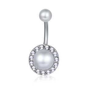 lenacou pearl flower belly button rings 14g surgical stainless steel navel barbell stud cubic zirconia body piercing (silver)