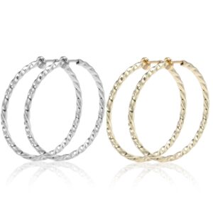 haiswet stainless steel big clip on hoop earrings 3 pcs jewelry set (40mm-silver and gold)