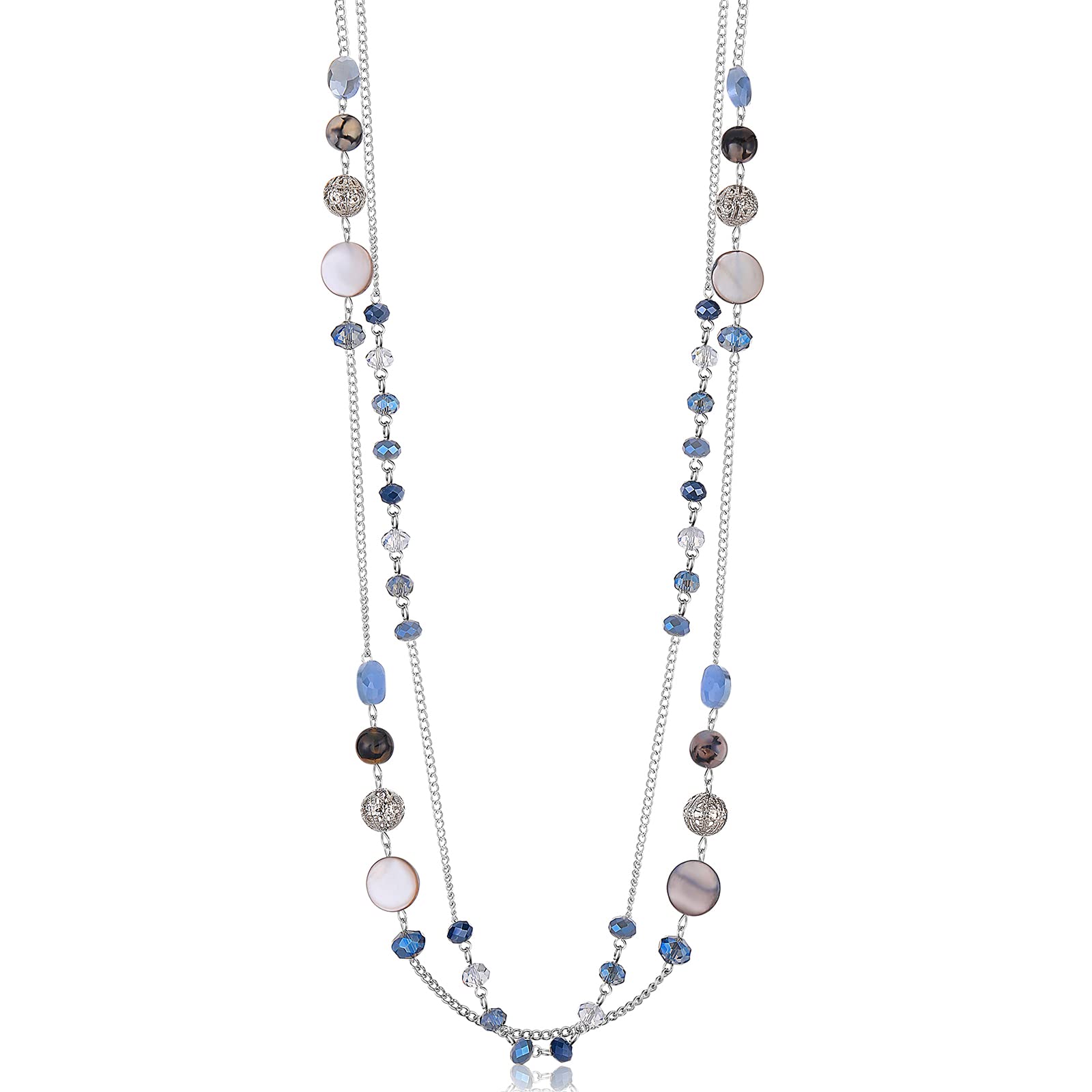 Noessla Layered Long Necklaces for Women Crystal Beaded Statement Necklace Sweater Silver Chain with Gifts Box Jewelry(Blue)