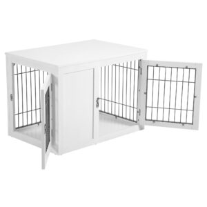 PawHut Dog Crate Furniture Wire Indoor Pet Kennel Cage, End Table with Double Doors, Locks for Small and Medium Dog House, White