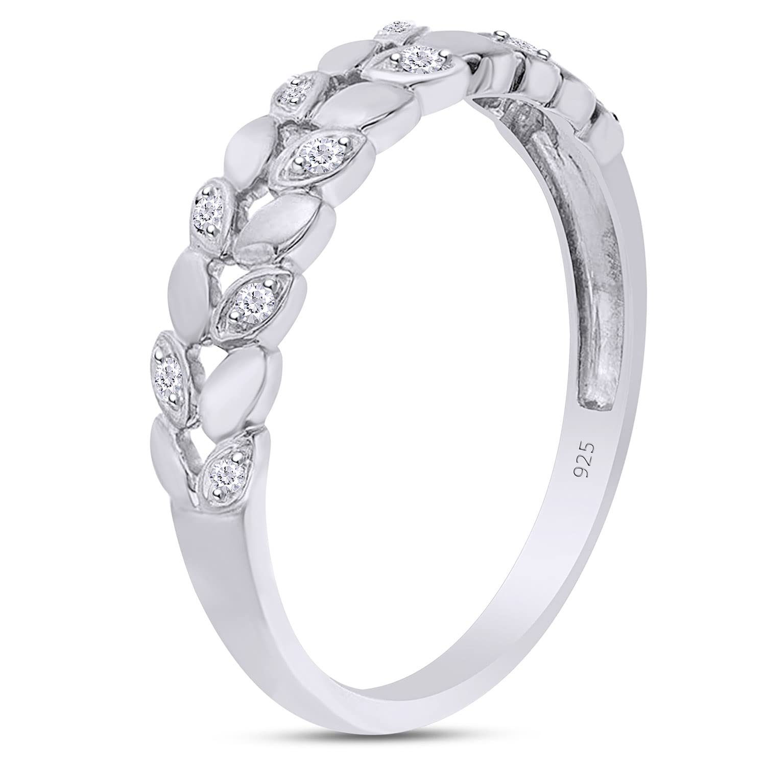 1/20 Carat Round Cut White Natural Diamond Leaf Stackable Wedding Band Ring In 14k White Gold Plated 925 Sterling Silver Jewelry For Women (Clarity : I2-I3, Color : I-J, 0.05 Cttw) Ring Size-9