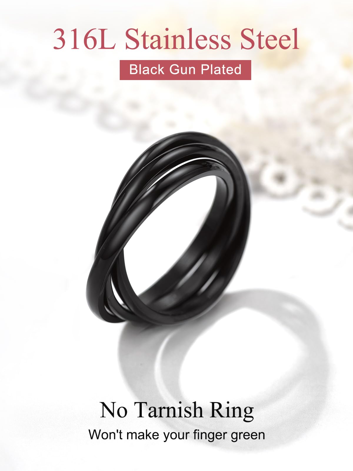 FOCALOOK Triple Band Rolling Ring Black Fashion Interlocked Anxiety Ring for Women (Black, 8)