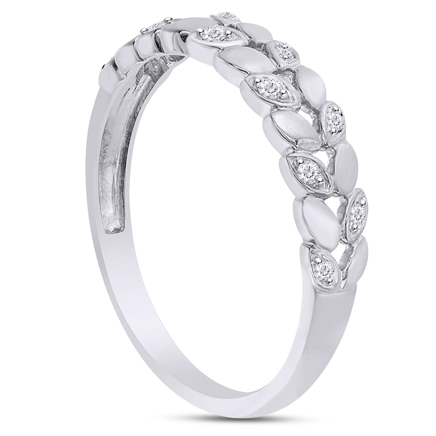 1/20 Carat Round Cut White Natural Diamond Leaf Stackable Wedding Band Ring In 14k White Gold Plated 925 Sterling Silver Jewelry For Women (Clarity : I2-I3, Color : I-J, 0.05 Cttw) Ring Size-9