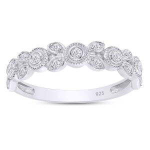 1/10 carat round cut white natural diamond vintage flower stackable wedding band ring in 14k white gold plated 925 sterling silver jewelry (clarity : i2-i3, color : i-j, 0.10 cttw) ring size-5.5