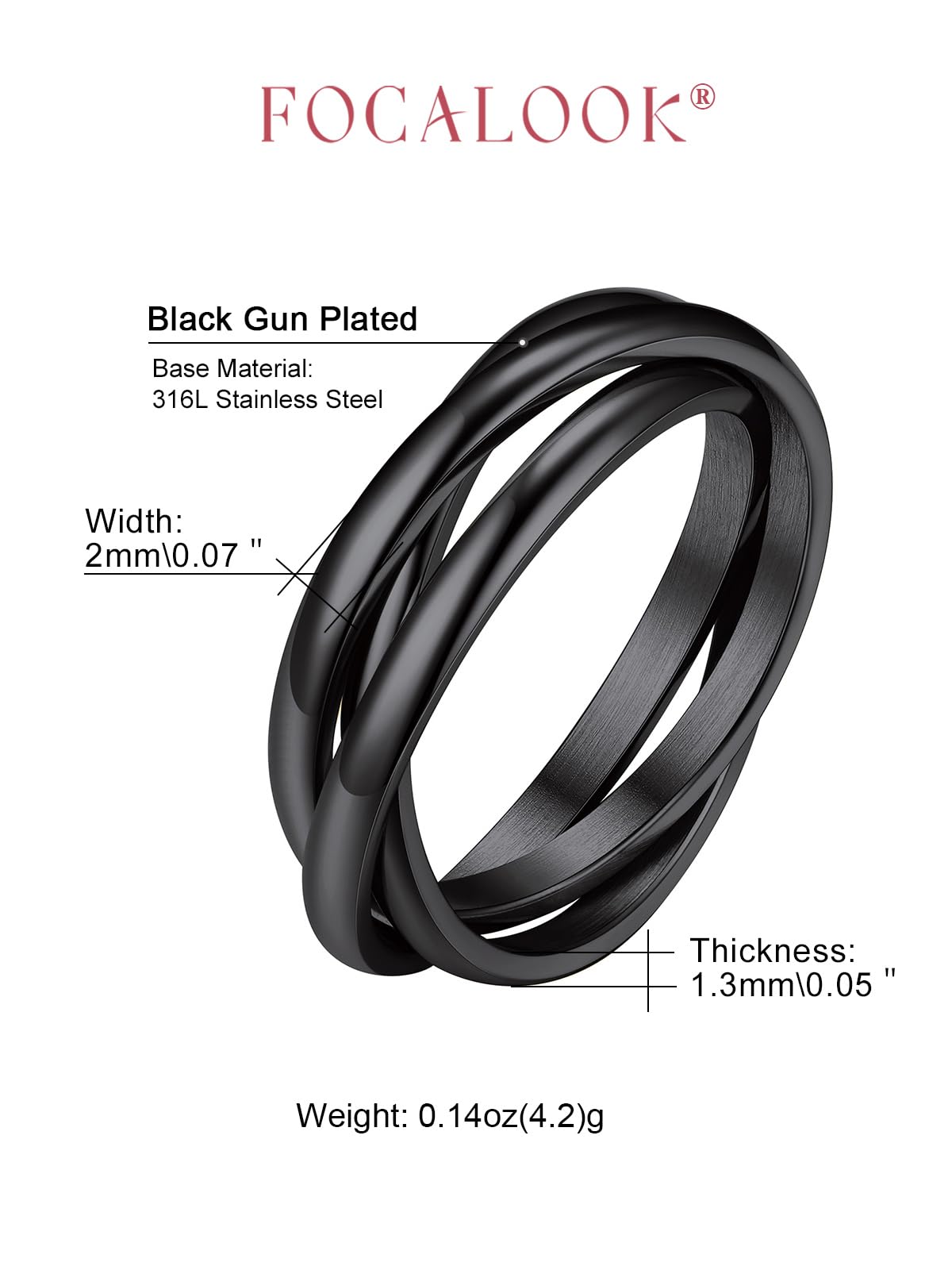 FOCALOOK Triple Band Rolling Ring Black Fashion Interlocked Anxiety Ring for Women (Black, 8)