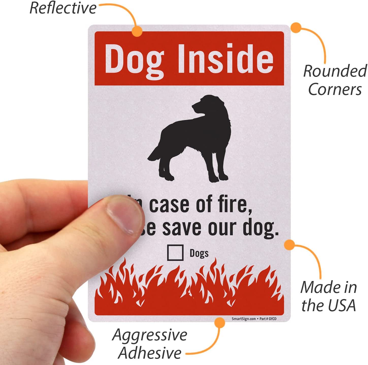 SmartSign (Pack of 3) “Dog Inside - in Case of Fire Please Save Our Dog” Pet Rescue Label Set, One 3.75"x5.5" & Two 2.75"x4" - Engineer Grade Reflective Decals, Red, Black and White, Made in USA