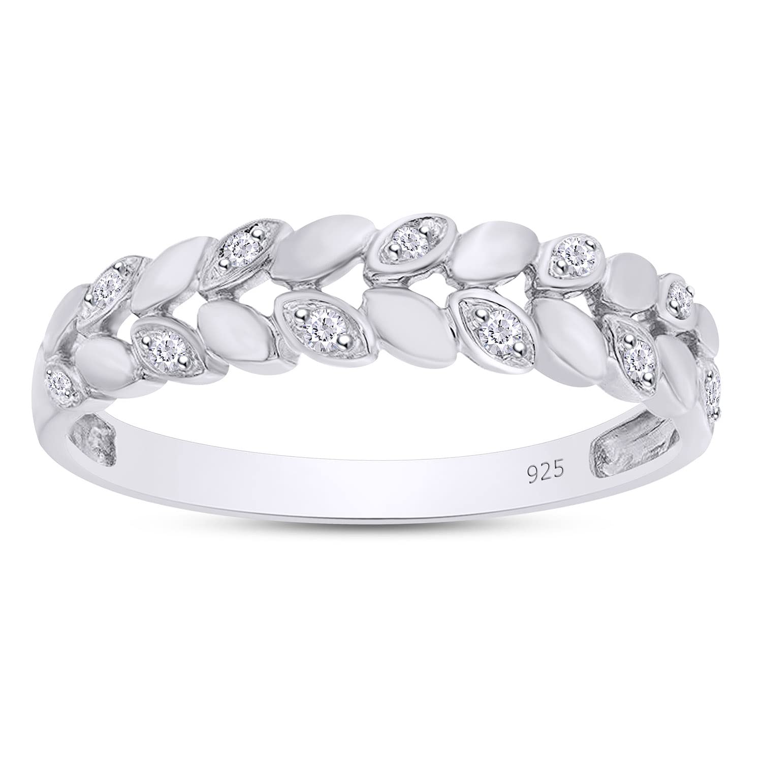 1/20 Carat Round Cut White Natural Diamond Leaf Stackable Wedding Band Ring In 14k White Gold Plated 925 Sterling Silver Jewelry For Women (Clarity : I2-I3, Color : I-J, 0.05 Cttw) Ring Size-9