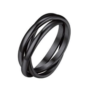 focalook triple band rolling ring black fashion interlocked anxiety ring for women (black, 8)