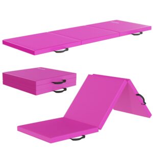 signature fitness 2" thick three folds folding exercise mat with carrying handles for mma, gymnastics and home gym protective flooring, pink