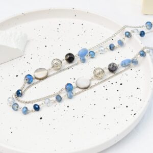 Noessla Layered Long Necklaces for Women Crystal Beaded Statement Necklace Sweater Silver Chain with Gifts Box Jewelry(Blue)