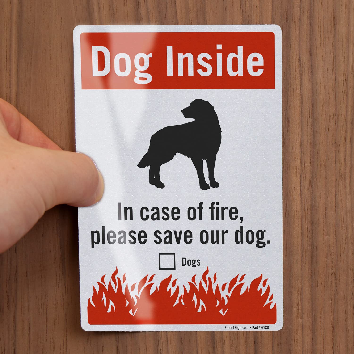 SmartSign (Pack of 3) “Dog Inside - in Case of Fire Please Save Our Dog” Pet Rescue Label Set, One 3.75"x5.5" & Two 2.75"x4" - Engineer Grade Reflective Decals, Red, Black and White, Made in USA