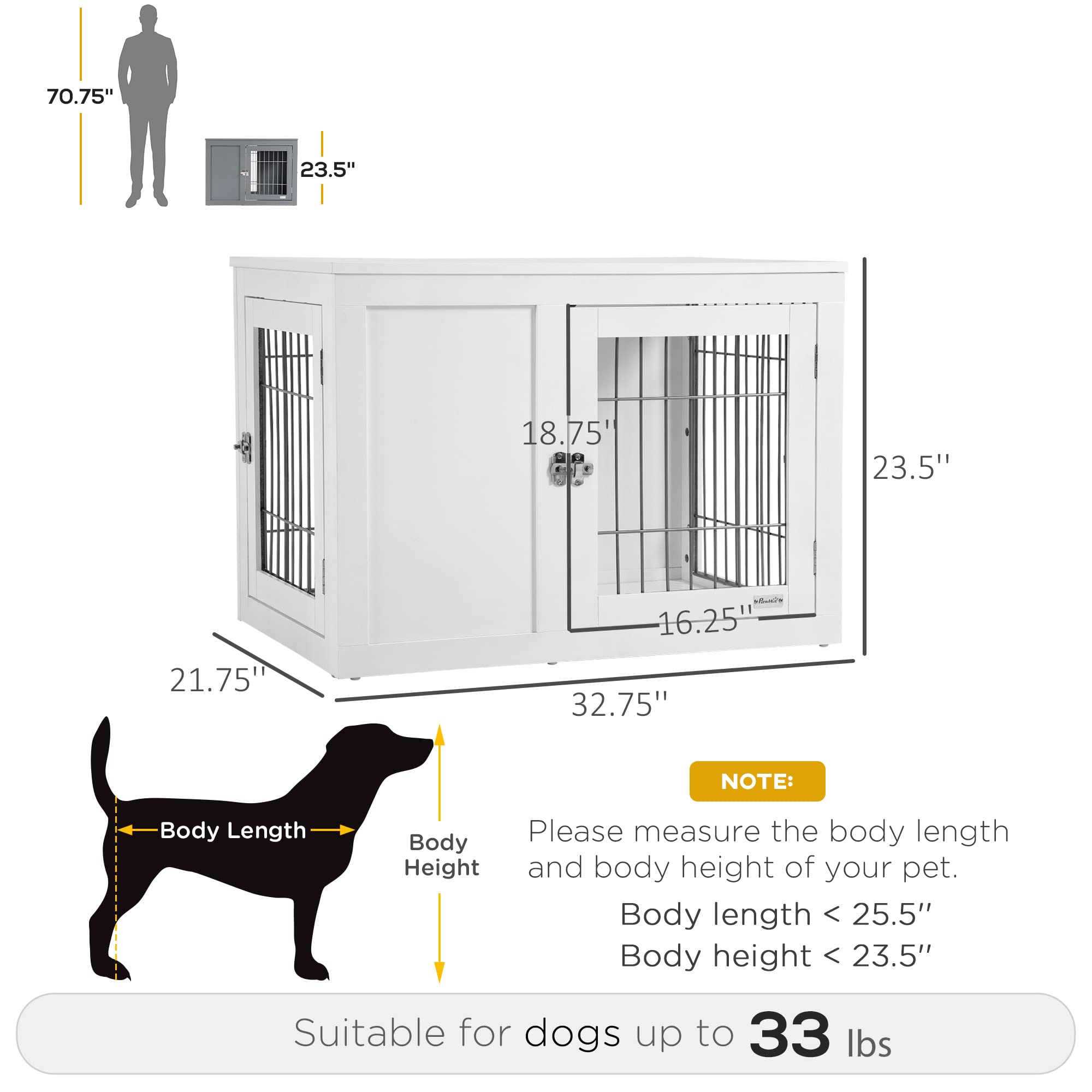 PawHut Dog Crate Furniture Wire Indoor Pet Kennel Cage, End Table with Double Doors, Locks for Small and Medium Dog House, White