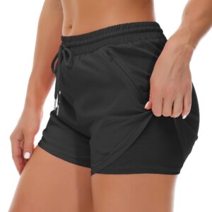 Mancreda Women's Running Shorts with Liner 3 Zipper Pockets Elastic Workout Athletic Gym Yoga Shorts(BK,M) Black